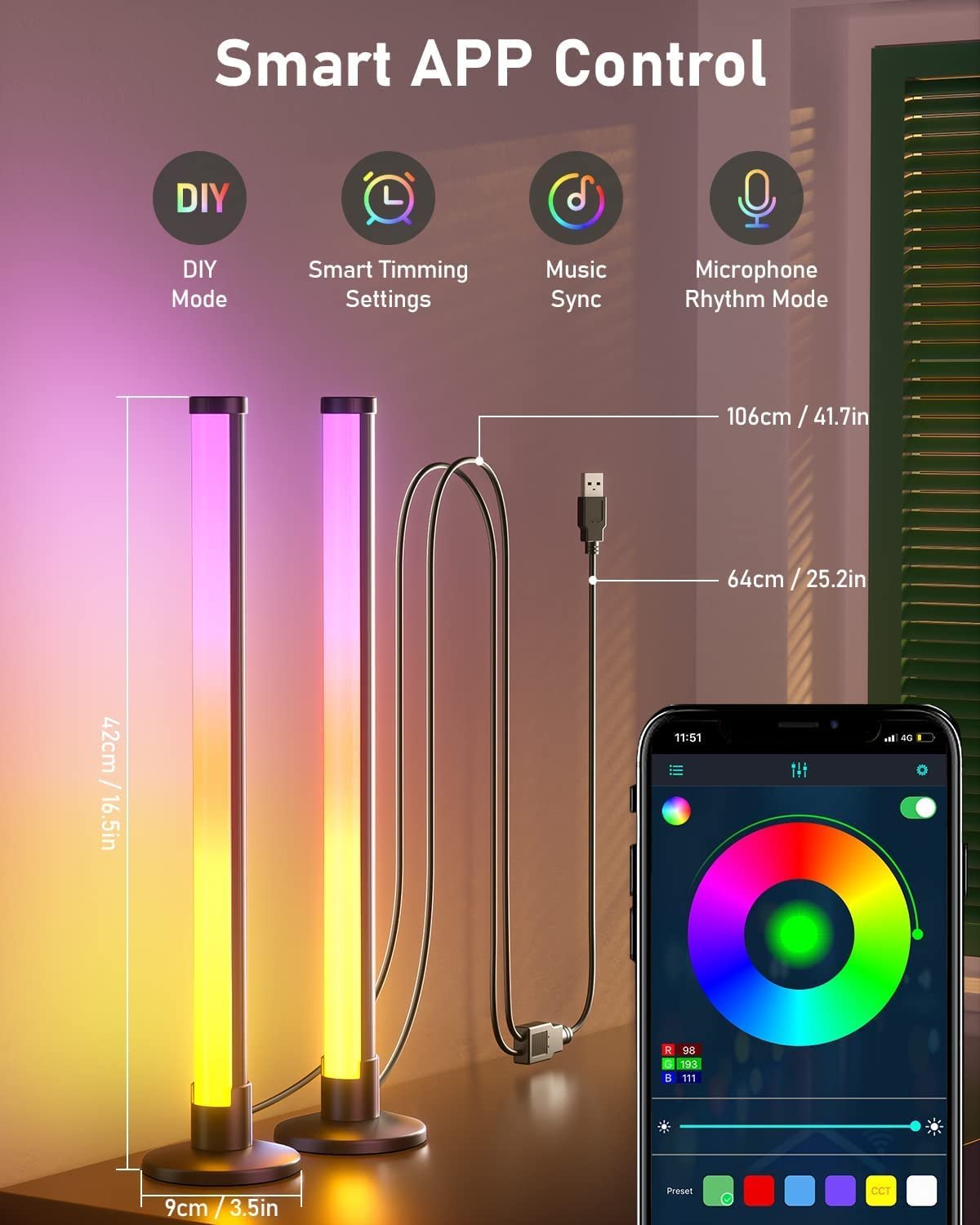 Colour Changing Smart LED Light RGB Tube Light Wireless, Support APP ...